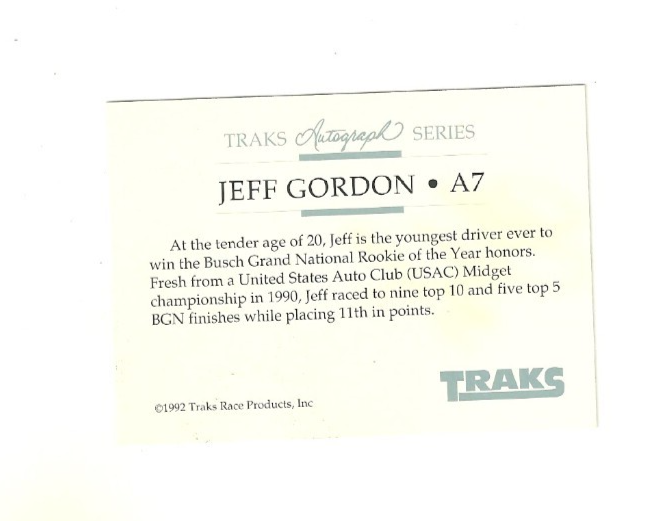 1992 TRAKS JEFF GORDON AUTOGRAPH PLEASE SEE SCAN FOR DETAILS | eBay