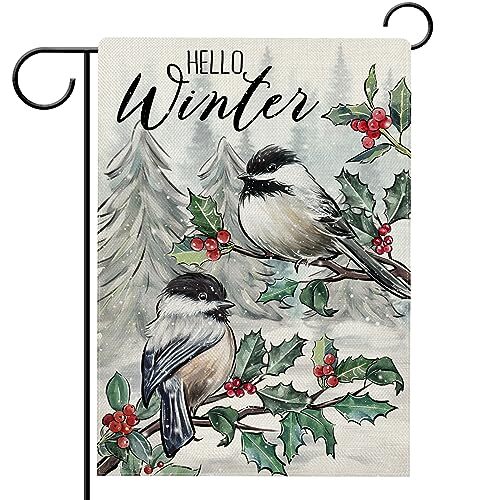 Hello Winter Chickadee Birds Garden Flag Double Sided, Red Berries Pine ...