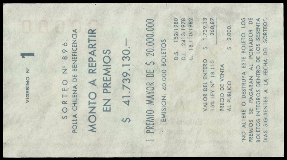 CHILE, LOTTERY TICKET, "POLLA CHILENA", GAME # 896, YEAR 1983, NUMBER ...