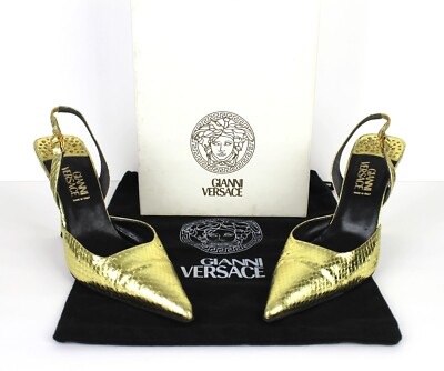 Gianni Versace Gold Python Pointed Toe Slingback Sandals Size 37 With ...