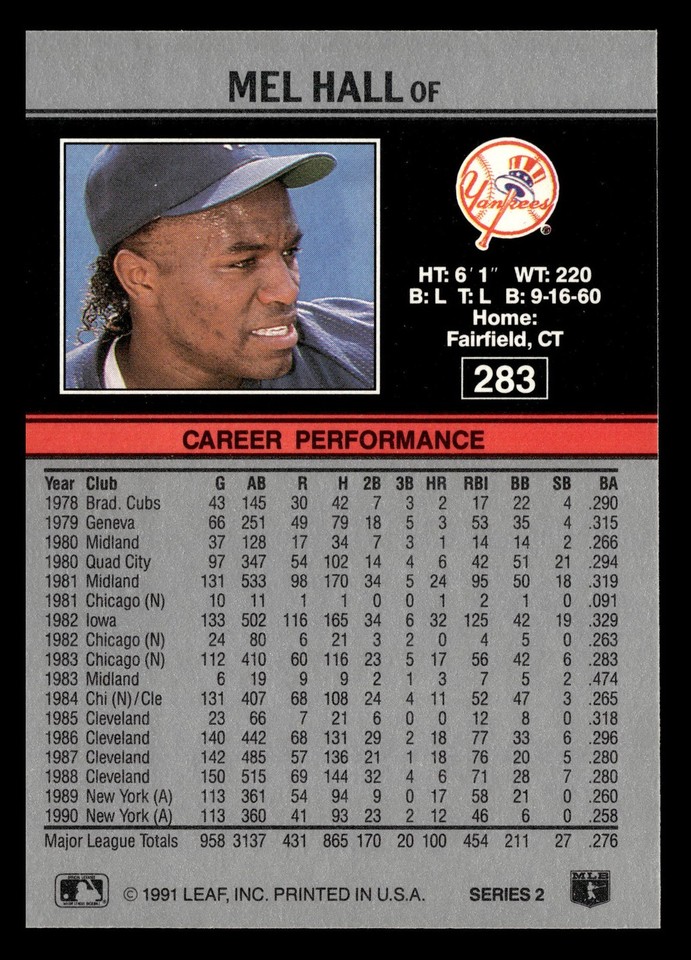 Mel Hall 1991 Leaf #283 New York Yankees BASEBALL *211 | eBay