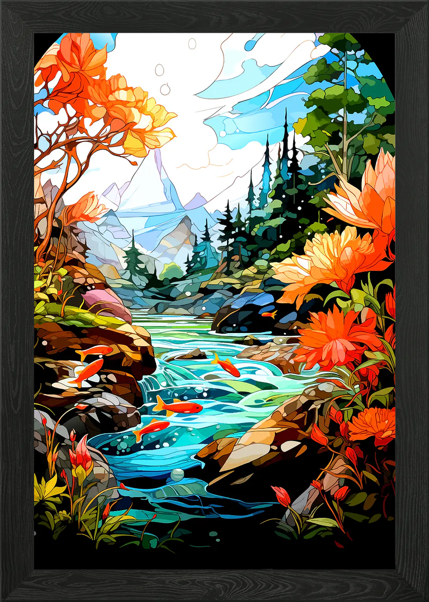 Vibrant River Landscape with Fish Framed Wall Art Poster Canvas Print ...