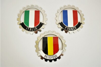 Three Vintage AUTOMOBILE RADIATOR BADGES Emblems Italia France Belgique ...