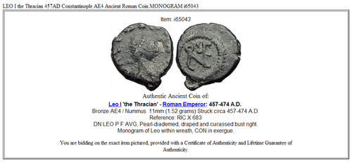 LEO I the Thracian 457AD Constantinople AE4 Ancient Roman Coin MONOGRAM ...