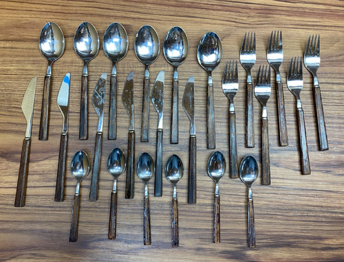24 Pieces Vtg Wood Looking Handle Flatware Rostfrei Spoon Fork Knife ...