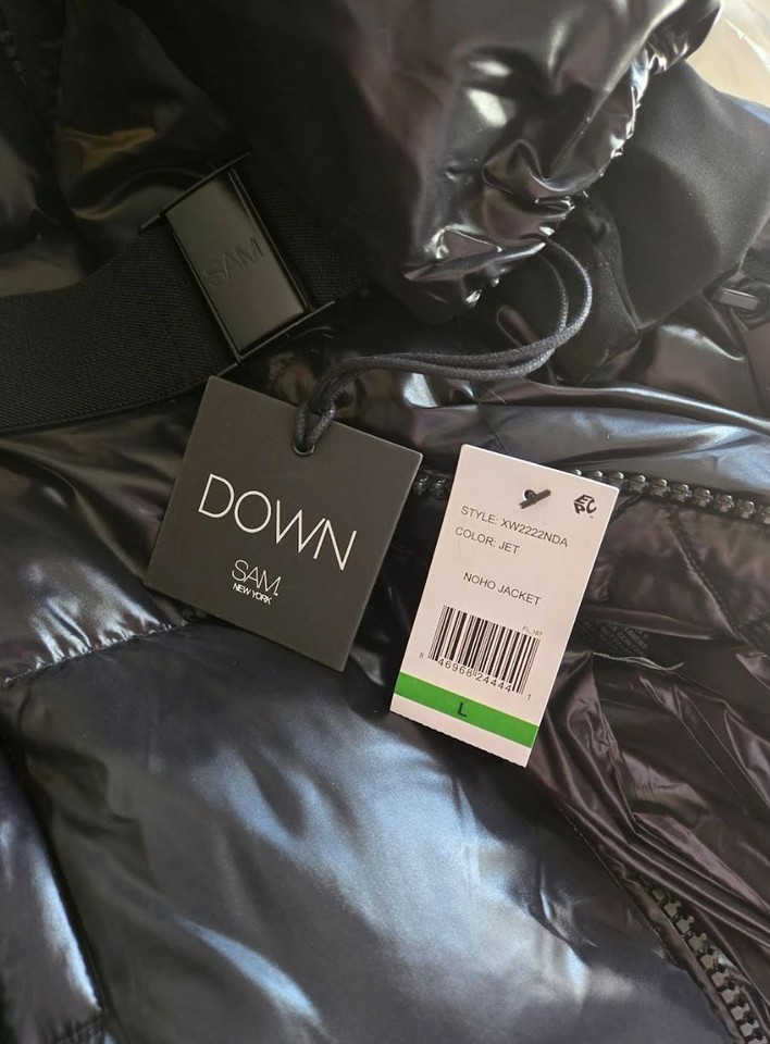 $725 SAM. Noho Belted Hooded Goose Down Coat Jacket COLOR Jet Black Sz ...