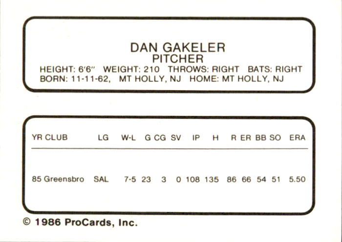 1986 Greensboro Hornets ProCards #8 Dan Gakeler Mount Holly New Jersey ...