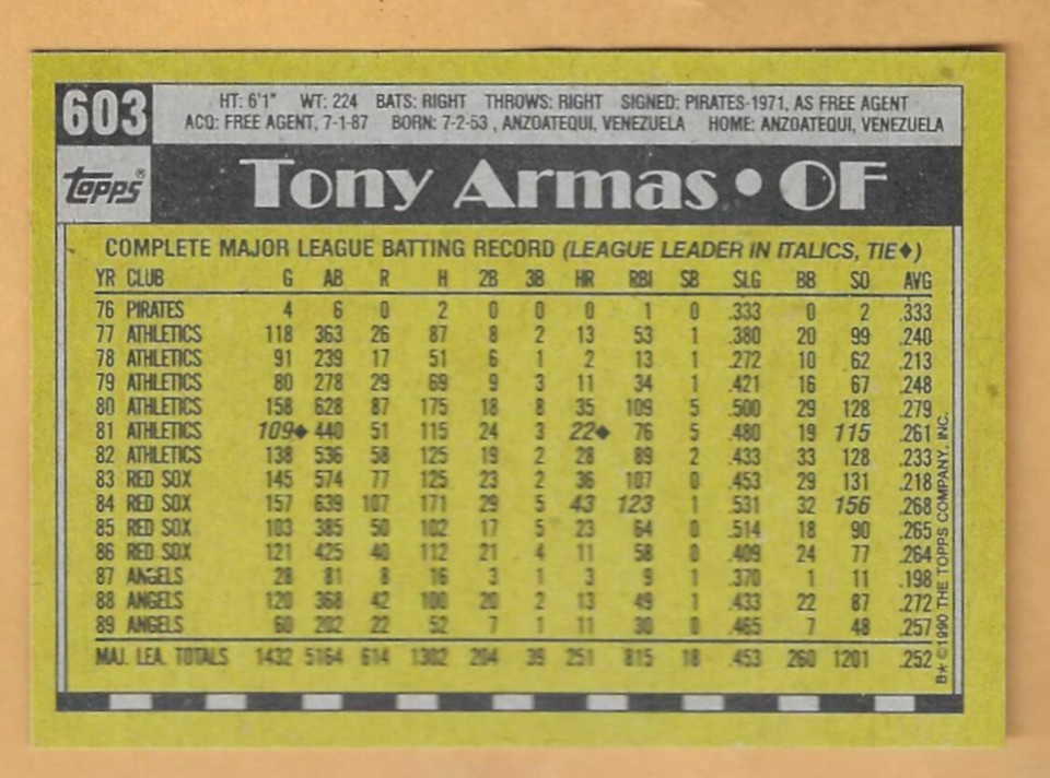 TONY ARMAS ANGELS #603 - TOPPS NM-MT 1990 | eBay