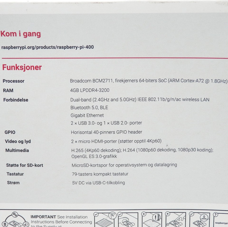 Raspberry Pi RPI400-KIT-NO 4GB Official Start-up Kit Norwegian Layout ...
