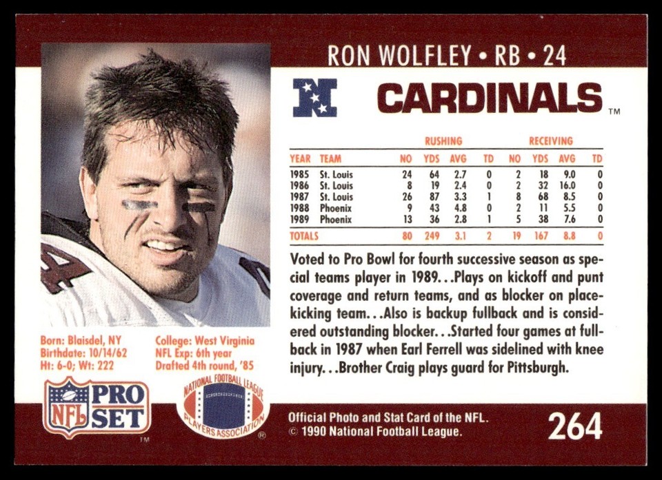 1990 NFL PRO SET RON WOLFLEY PHOENIX CARDINALS #264 | eBay