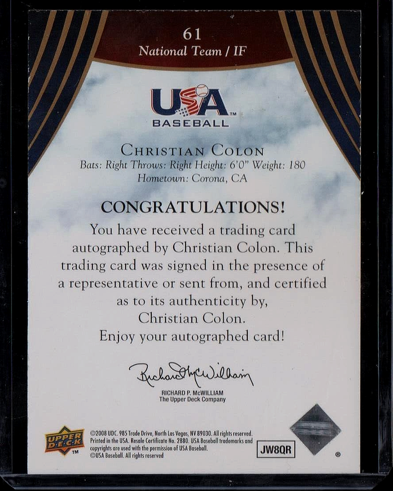 Christian Colon 2008 UD USA Baseball National Team Gold Auto (RC) 122/ ...