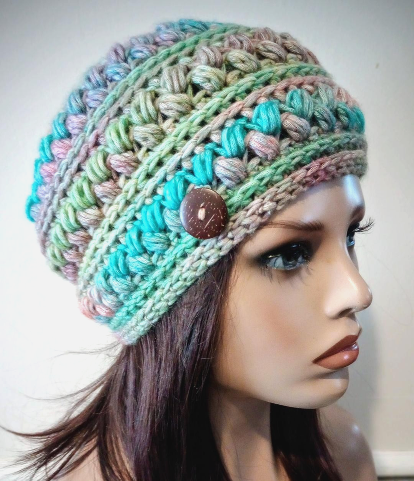 handmade crochet womans button hat beanie radiant rainbow blue puffs ...