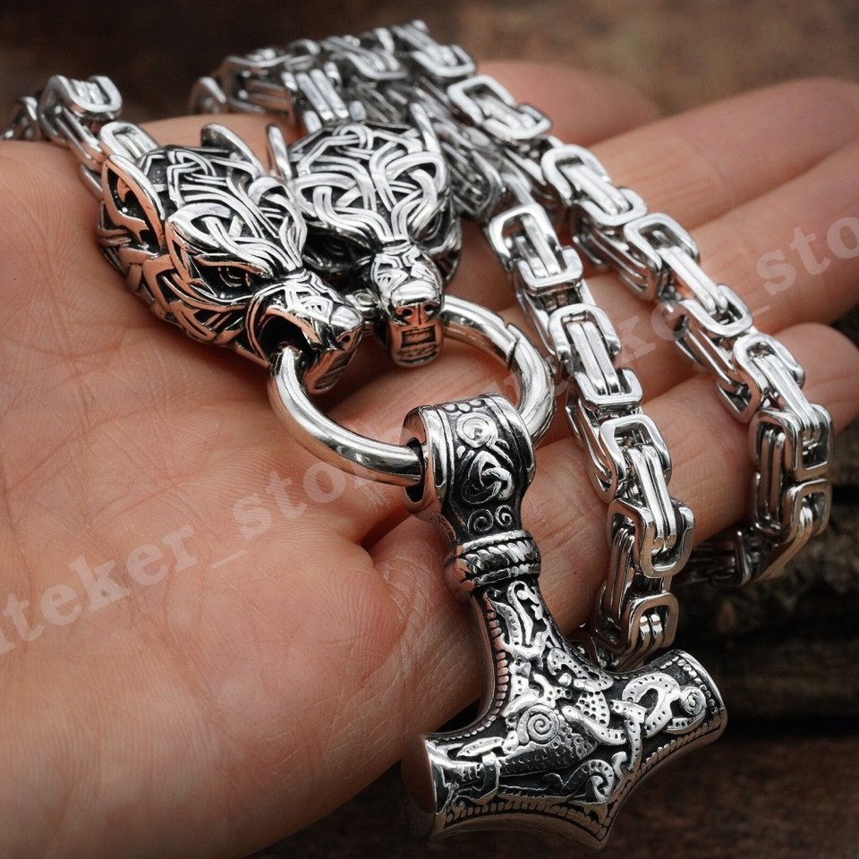 Wolf Paw Head Men Nordic viking with Mjolnir hammer pendant necklace ...