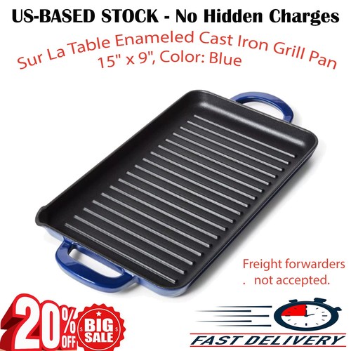 Sur La Table Enameled Cast Iron Grill Pan, 15" x 9", Blue, Durable Cast ...