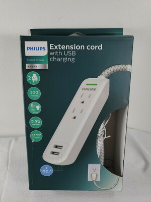 Phillips Home Electric Extension Cord With USB - 2-Outlet 2 USB Port | eBay