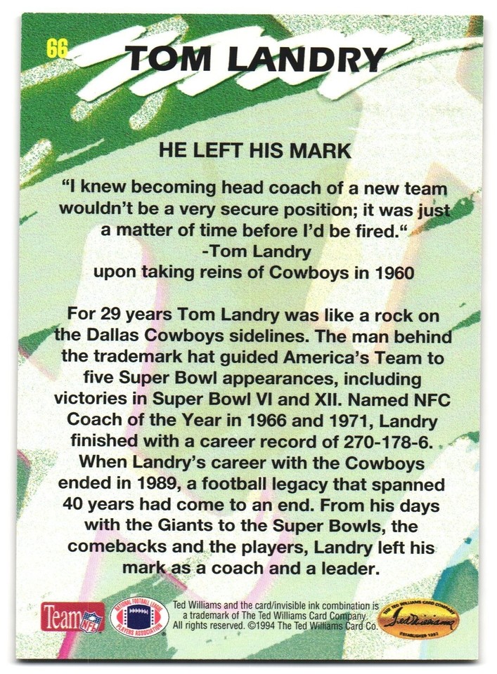 Tom Landry 1994 Ted Williams Co NFL Card #68 | eBay