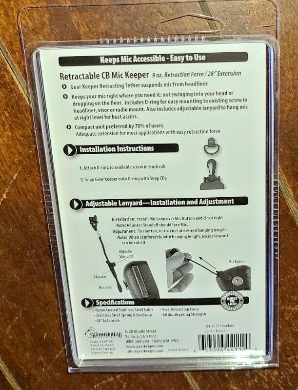 Gear Keeper Black 28" Retractable CB Radio Microphone Hanger #RT4-4112 ...
