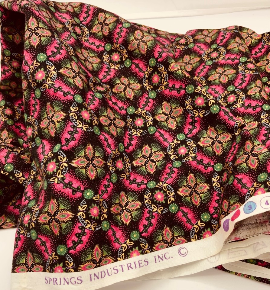 BEAUTIFUL PINK GREEN BLACK GOLD FLORAL FABRIC Springs Industries 1 yd x ...