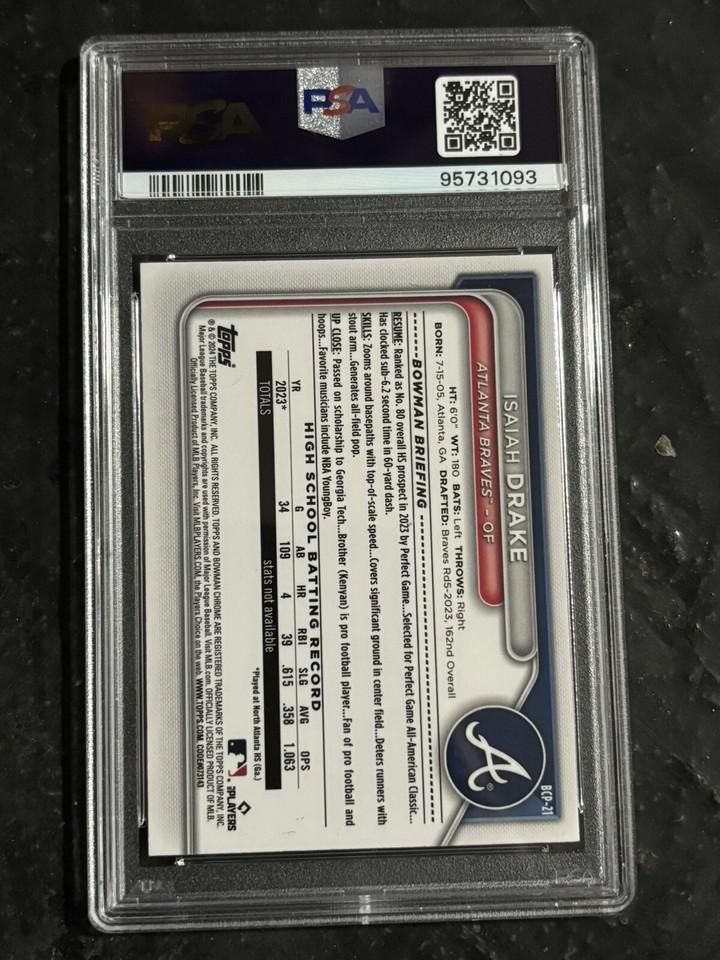 PSA 10 2024 Bowman Chrome Isaiah Drake 1st Yellow /75 Braves | eBay