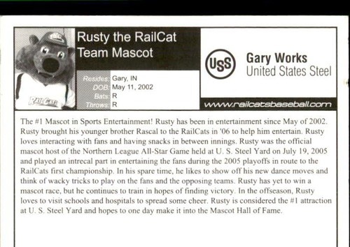 2007 Gary SouthShore RailCats #30 Mascot Rusty The RailCat - NM ...