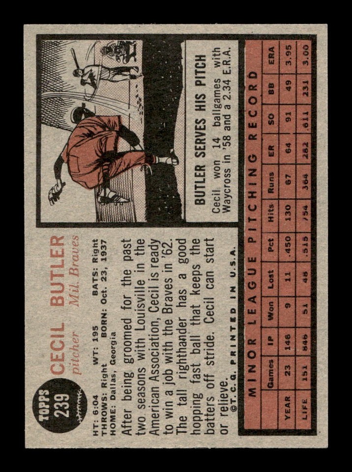 1962 Topps #239 Cecil Butler Braves EX+ *6k | eBay