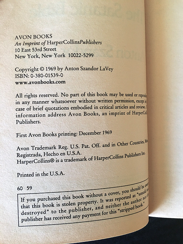 The Satanic Bible Anton LaVey 1st Avon Printing Occult 59th Printing ...