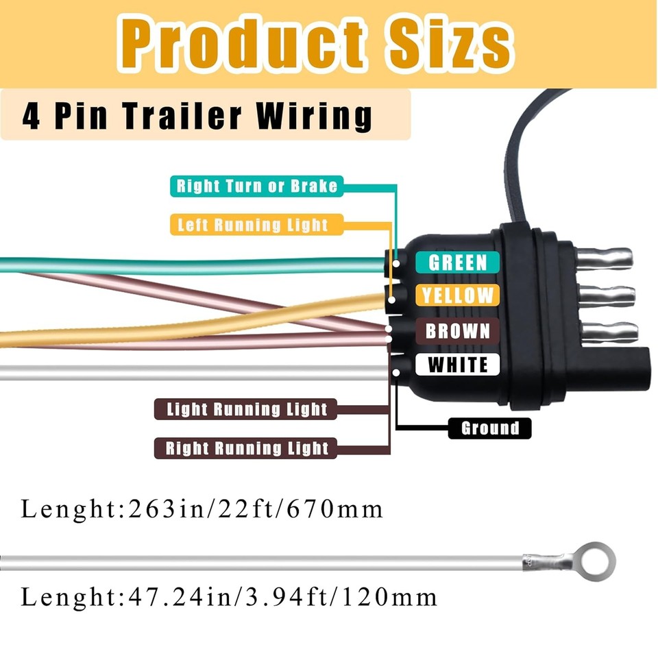 4 Pin 5 Wire 22 FT 18AWG Trailer Wiring Harness，Trailer Connector 22FT ...