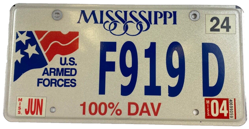 Vintage Mississippi 2004 License Plate US Armed Forces 100% DAV F919 D ...