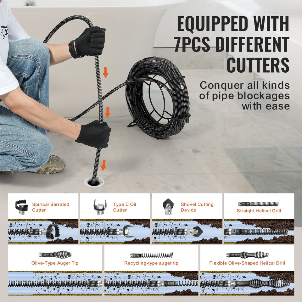 Uimoso Sectional Drain Cleaning Cable 100FTx5/8In & 7Cutters for 0.8"-3 ...