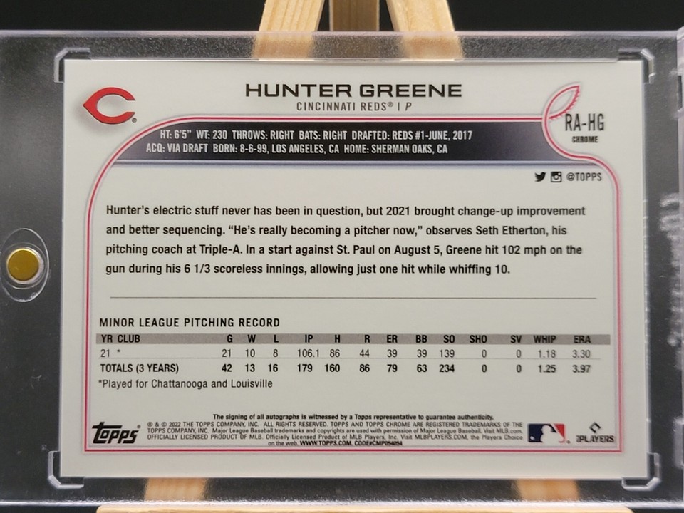 🔥2022 Topps Chrome HUNTER GREENE Autograph Rookie RC #RA-HG Cincinnati ...