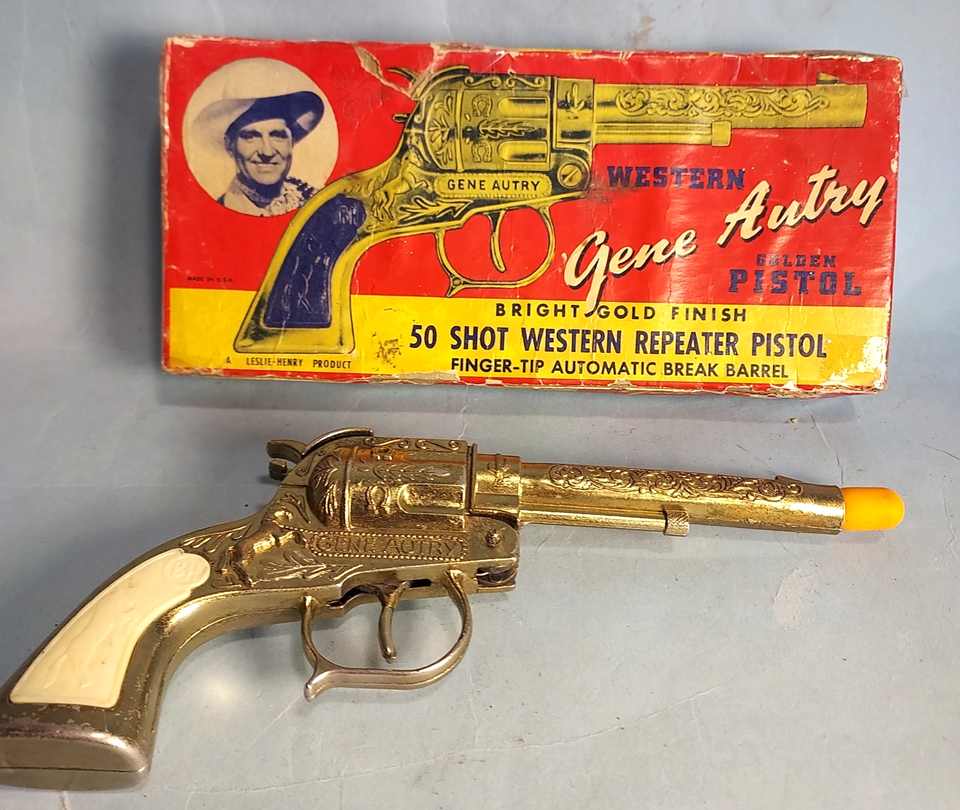 Vintage Gene Autry Western Golden Pistol Leslie Henry Gold Gun w/Org ...