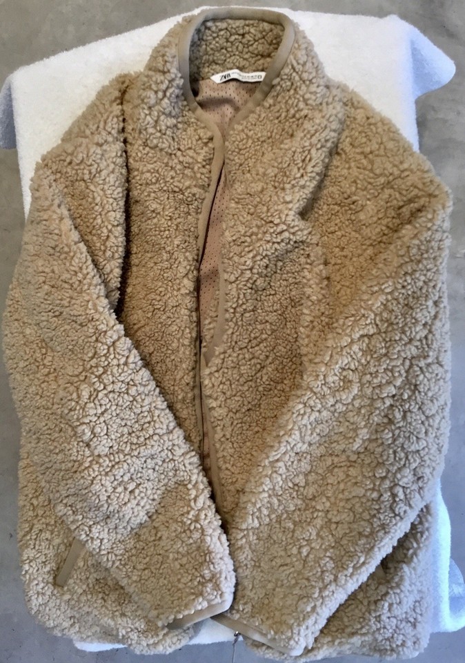 ZARA Beige Full Zip Stand-Up Collar Men's Short Fleece Jacket Size ...