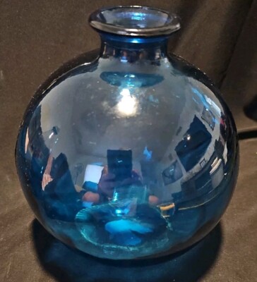 Blenko Style glass hand blown glass blue round bud vase pontil bottom ...