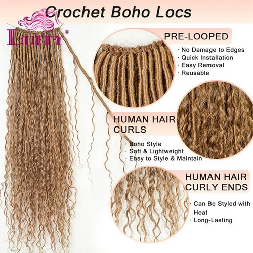 Pre-looped Honey Blonde Crochet Boho Locs With Human Hair Curls Color ...