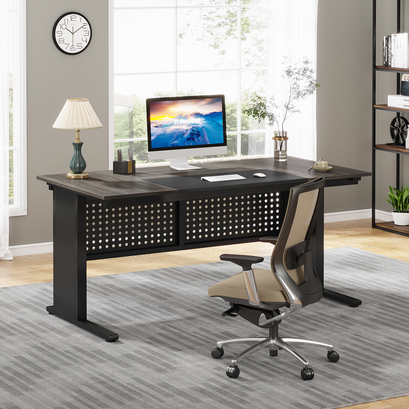 63" Executive Desk w/ File Cabinet, Large Computer Desk Workstation ...
