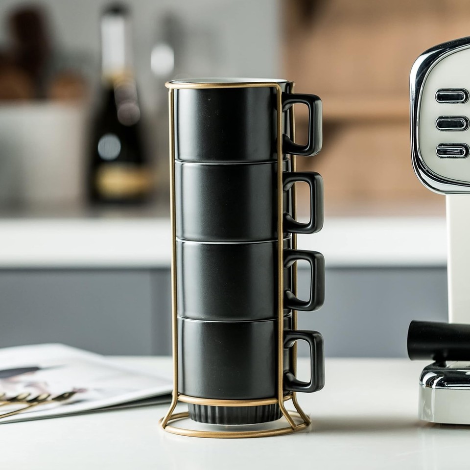 Stackable Coffee Mugs with Stand, 11 oz Ceramic Latte Mug Set of 4 ...