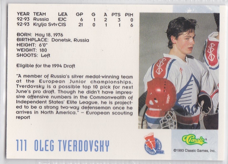 M) 1993 Classic NHL Hockey Draft Trading Card Oleg Tverdovsky #111 | eBay