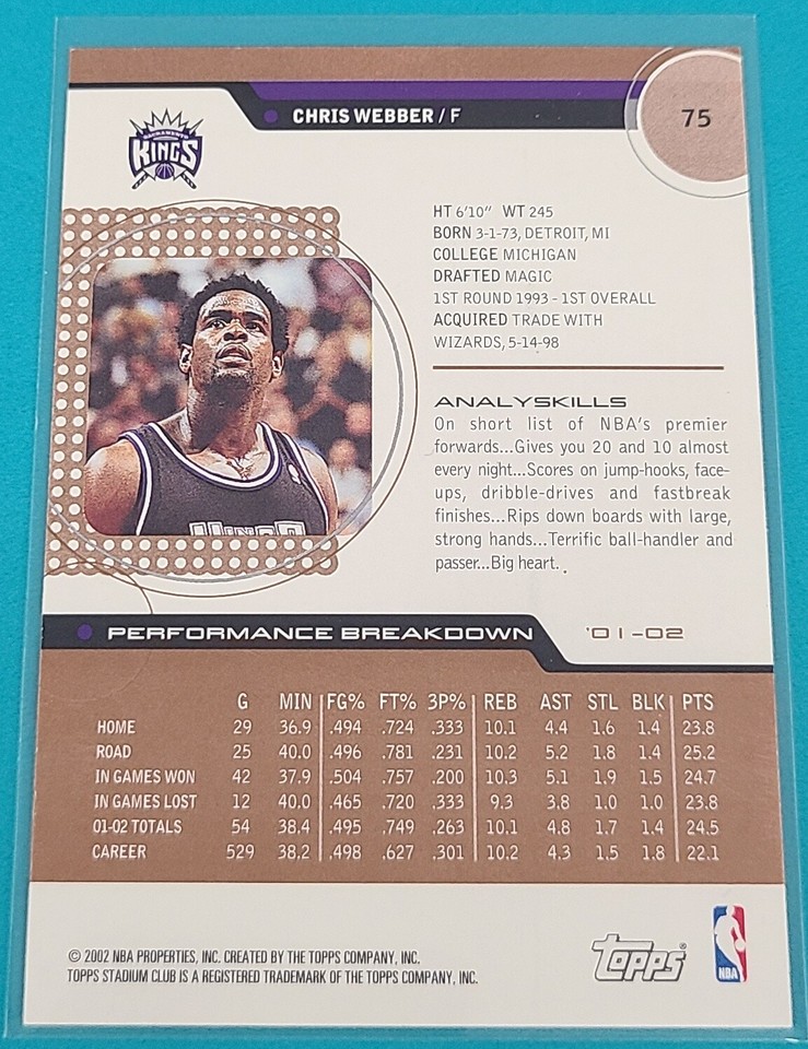 2002 Stadium Club #75 Chris Webber Sacramento Kings Basketball Card O2 ...