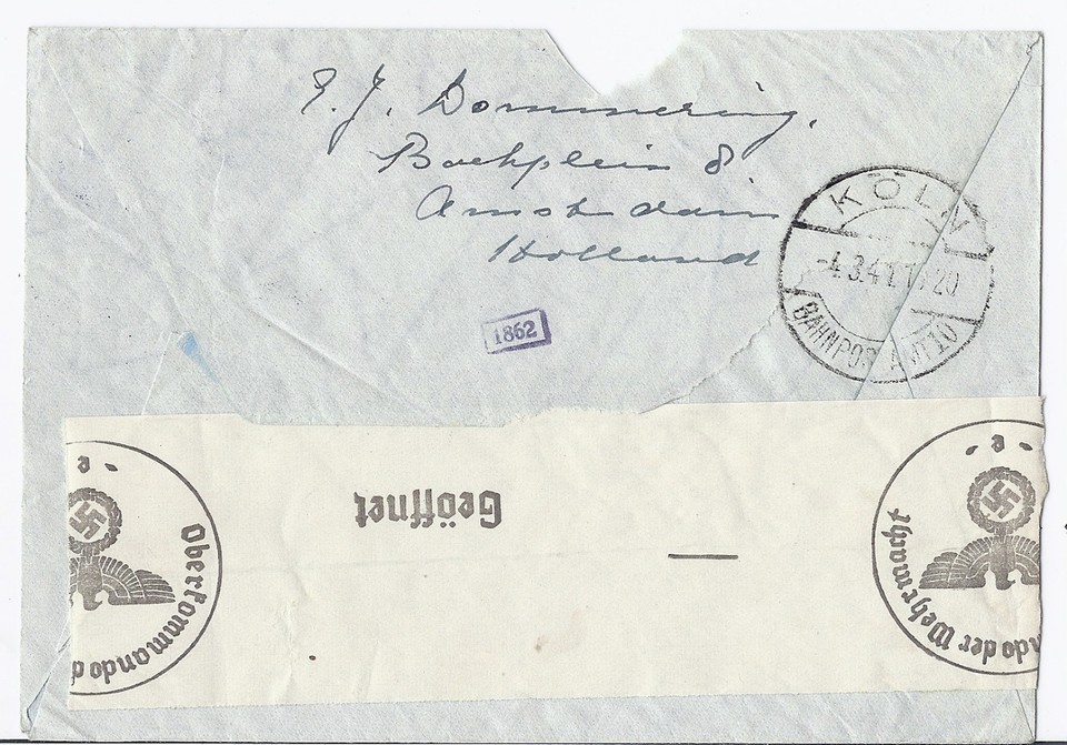 1941 Netherlands Amsterdam Central Station, Airmail - Cologne Railway w ...
