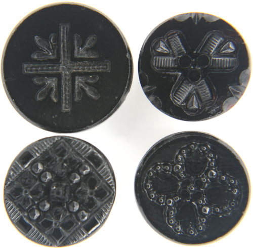 C1890 Antique Victorian Black Glass Button LOT 4 Cross Floral Iron ...