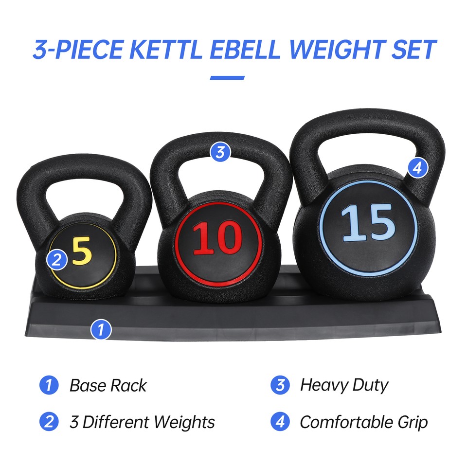 3-Piece Kettlebell Set with Storage Rack 5lb 10lb 15lb Weight for Home ...