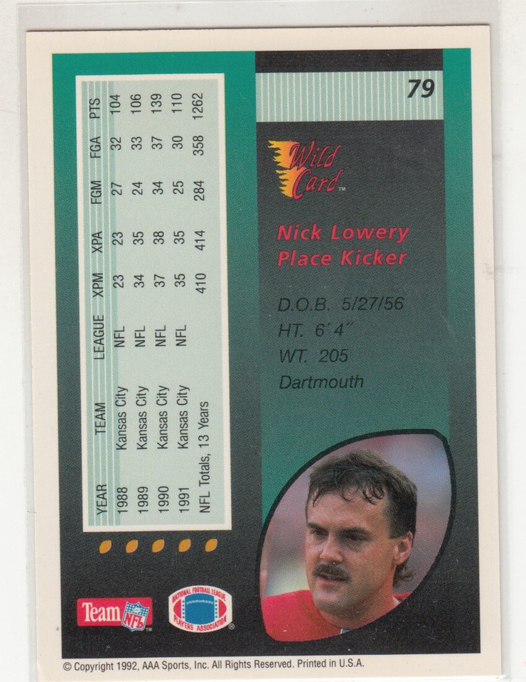 NICK LOWERY 1992 Wild Card NFL #79 Parallel 5 Stripe Kansas City Chiefs ...