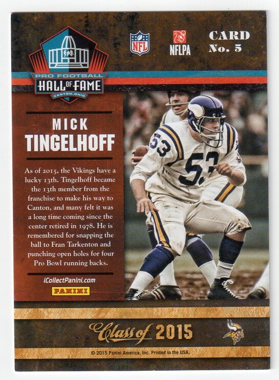 Mick Tingelhoff Signed Panini NFL Pro Football Hall of Fame Class of ...