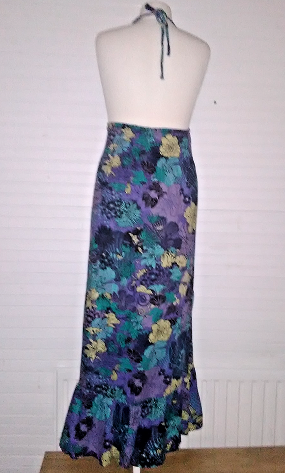FLAME SUMMER PURPLE FLORAL HALTERNECK COTTON MAXI DRESS UK 16 LENGTH ...