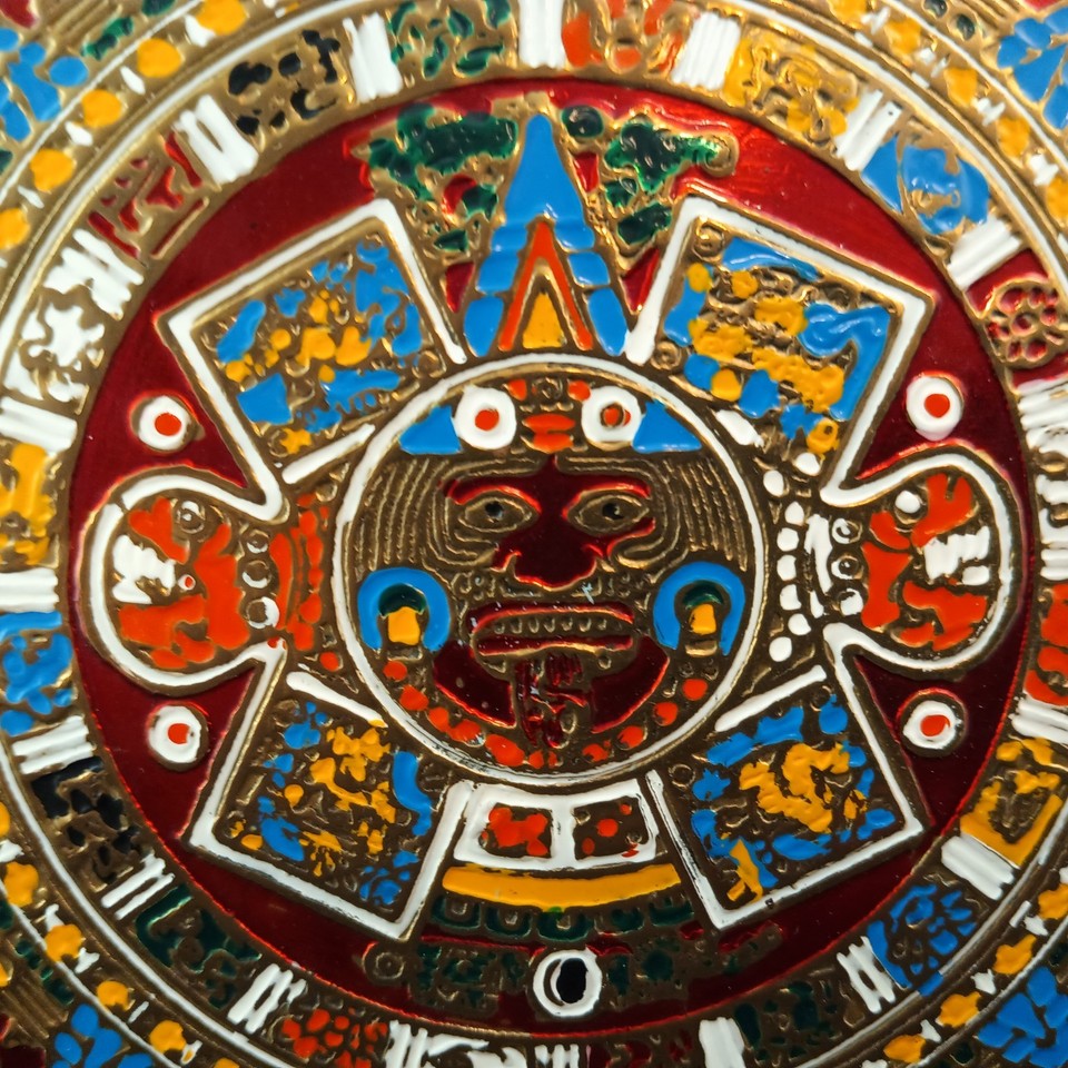 4 Aztec Mexico Brass & Enamel Wall Hanging Plates 11" Vintage, Selling ...