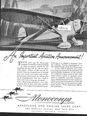 MONOCOUPE AIRCRAFT CORP ORLANDO FLORIDA FACTORY 1940 IMPORTANT ...