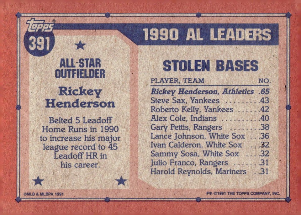 1991 Topps #391 Rickey Henderson -AL ALL STAR- Oakland Athletics | eBay