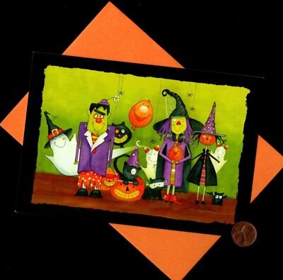 HTF Halloween Puppy Dogs Cats Costume Moon Witch Bat - Greeting Card W ...