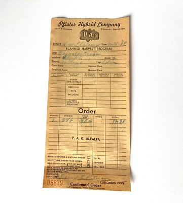 1963 Pfister Hybrid Company Order Form Fremont Nebraska Farming Seed ...