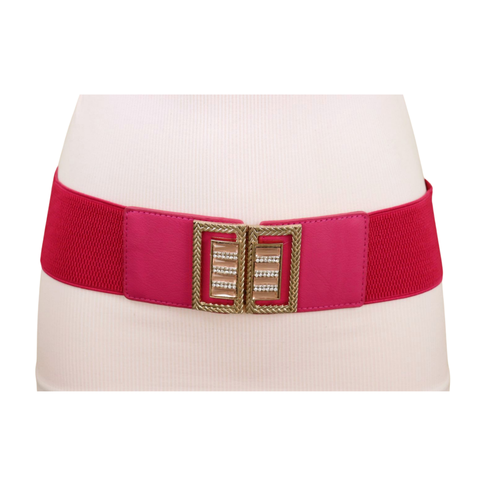 Women Pink Elastic Fashion Belt Gold Bling Square Buckle S M | eBay